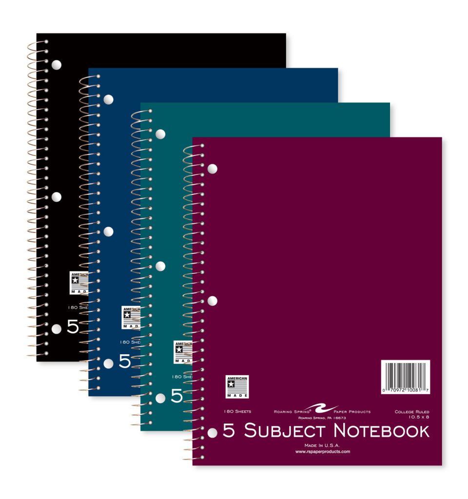 5 Subject Spiral Notebook, Assorted Colors